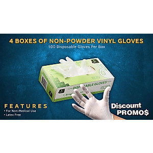 DISCOUNT PROMOS Non Powder Vinyl Gloves Set of 4, Bulk Pack - Each Box has 100 Disposable Gloves, For Cooking, Cleaning, Travelling, and Diaper Changing - Transparent White