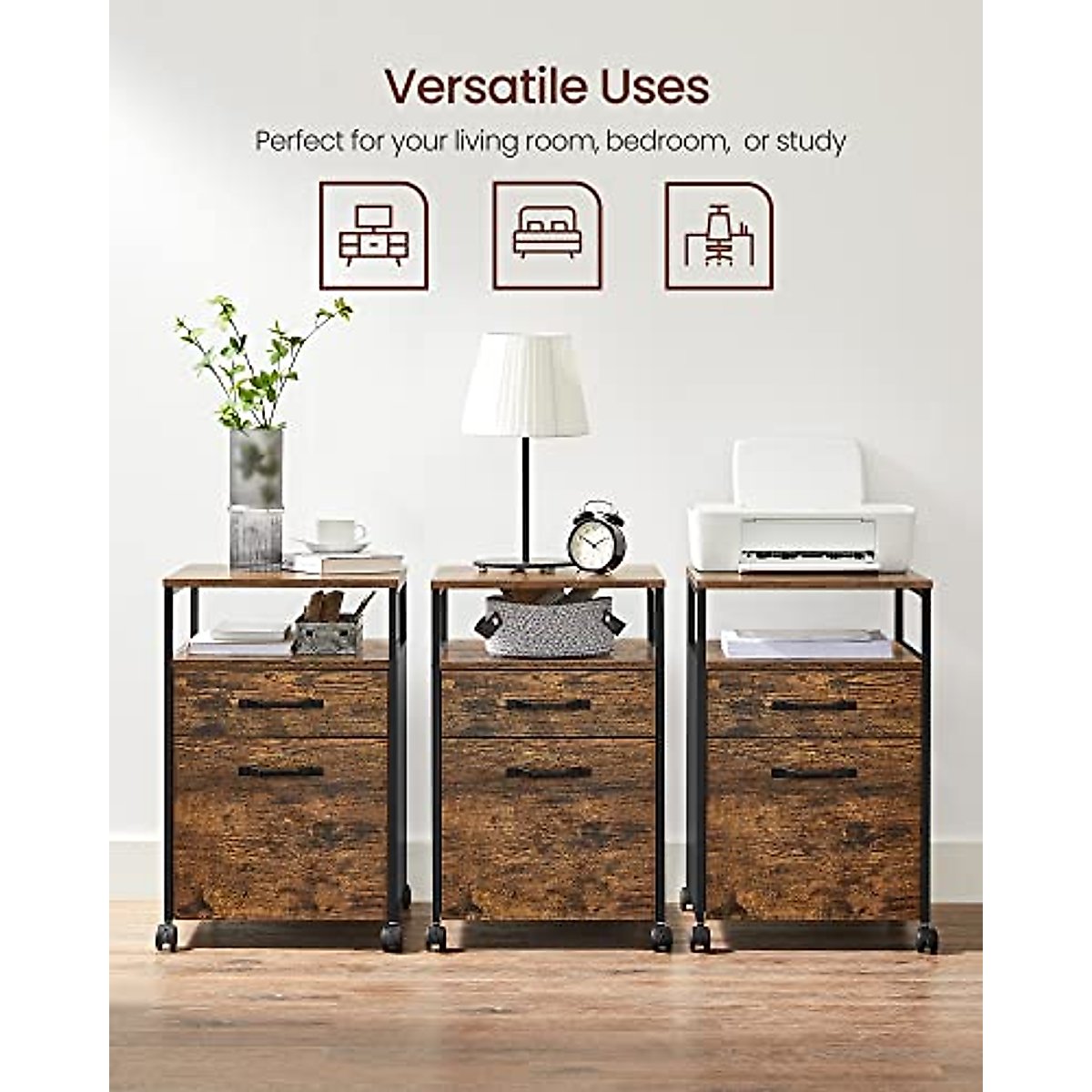 VASAGLE File Cabinet, Mobile Filing Cabinet with Wheels, 2 Drawers, Open Shelf, for A4, Letter Size, Hanging File Folders, Rustic Brown and Black UOFC71X
