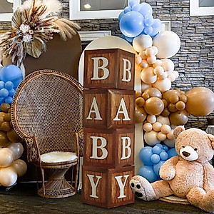 Wood Grain Printing Baby Shower Display Boxes Party Decorations, Neutral Gender Reveal Party Backdrop, Brown Teddy Bear Baby Stacking Blocks Backdrop with Letters for Boy Girl Birthday Party