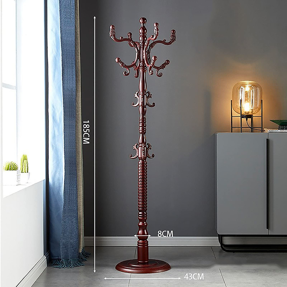High-Grade Coat Rack Freestanding Coat Rack Stand, Wooden Coat Rack Stand with 14 Hooks, Coat Rack Wooden Tree for Coats, Hats, Bags, Purses, for Entryway Hallway Foyer Office Closet (Mahogany color)