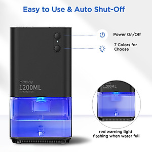 Dehumidifier for Bedroom, Heelay 40 OZ Water Tank with Handle/Auto Shut Off/7 Colors LED 2024 Newly Portable Small Dehumidifiers for Bathroom Room Quiet Closets RV (320 sq. ft) Camper Black