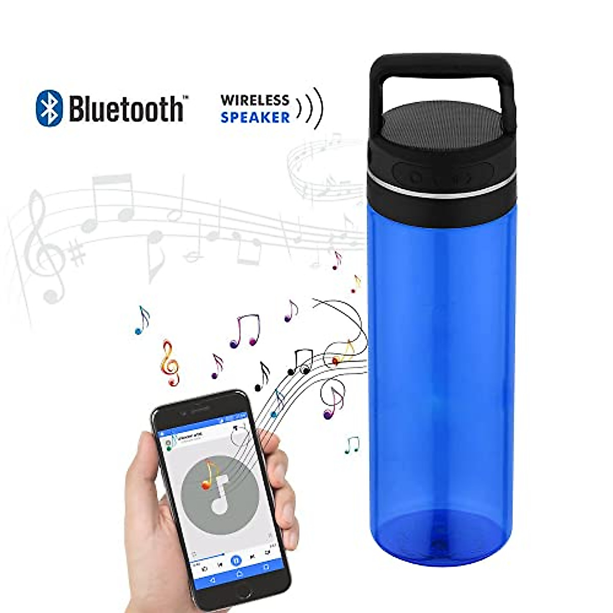 Sweda Bluetooth Speaker Water Bottle with Speaker Lid, 24oz, Screw on Cap with Built in Wireless Speaker, Transparent Sports Water Bottle, Blue WB8804