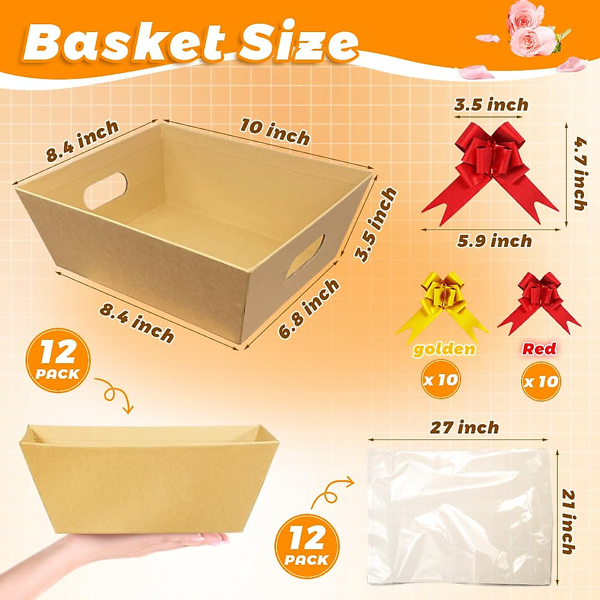 FUYCIEUM 12 Pack Kraft Gift Basket, 10 Inch Baskets for Gifts Empty, Empty Gift Baskets to Fill 20 Bows for Graduation, Birthday, Party and All Festivals