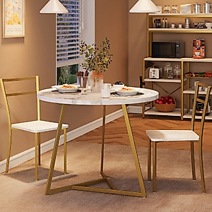 Amyove Dining Table Set for 2, Round Kitchen Table and Chairs for 2, Modern Dining Room Table Set with 2 Metal and Wood Chairs, Kitchen Table Set for Small Space, Apartment, Marble White and Gold