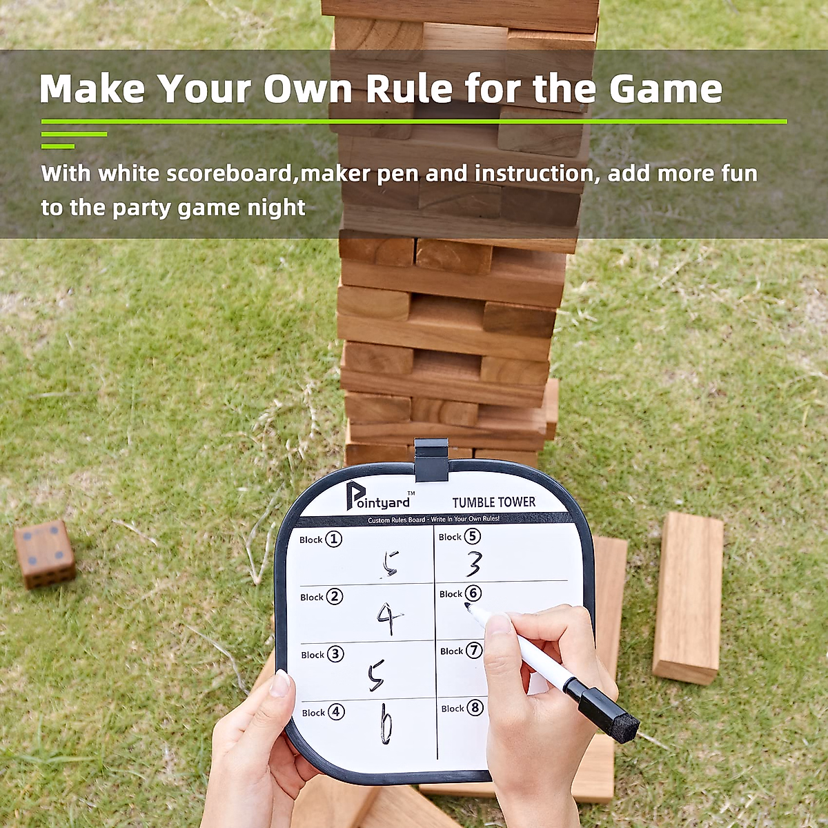 Pointyard 56PCS Giant Tumble Tower [Stack to 5FT+], Carbonized Pine Wooden Tumble Timber Game Set for Teens Adults Family - Classic Stacking Block Party Game with 1 Dice | Scoreboard | Carry Bag