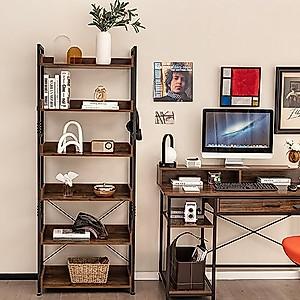 Tangkula 6-Tier Bookshelf, 70” Tall Industrial Bookcase w/Open Shelves & 4 Hooks, Storage Rack w/Metal Frame, Vintage Standing Display Rack for Study Living Room Kitchen (Rustic Brown, 6-Tier)