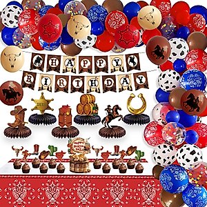 133pcs Western Cowboy Birthday Party Decoration Supplies Western Themed Party Decorations include Balloon Arch Garland & Honeycomb Centerpieces Tablecloth Cake Toppers for Father's Day Decorations