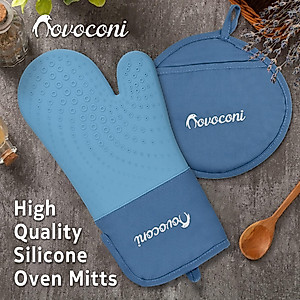 Extra Long Silicone Oven Mitts and Pot Holders Sets of 4, Novoconi Oven Mitts Heat Resistant 446F with Quilted Cotton Liner, Non-Slip & Waterproof Silicone Oven Mitts for Kitchen Cooking and Baking