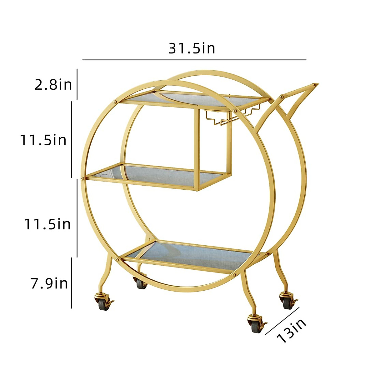 HEONITURE Bar Cart, Upgraded 3 Tier Gold Bar Serving Cart with Glass Holder and Wheels, Metal Handle Round Bar Carts for The Home, Kitchen, Living Room