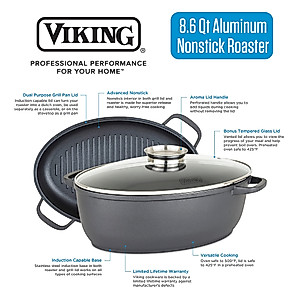 Viking Culinary 3-in-1 8.6 Qt Die Cast Oval Roaster with Glass Basting Lid, Gray