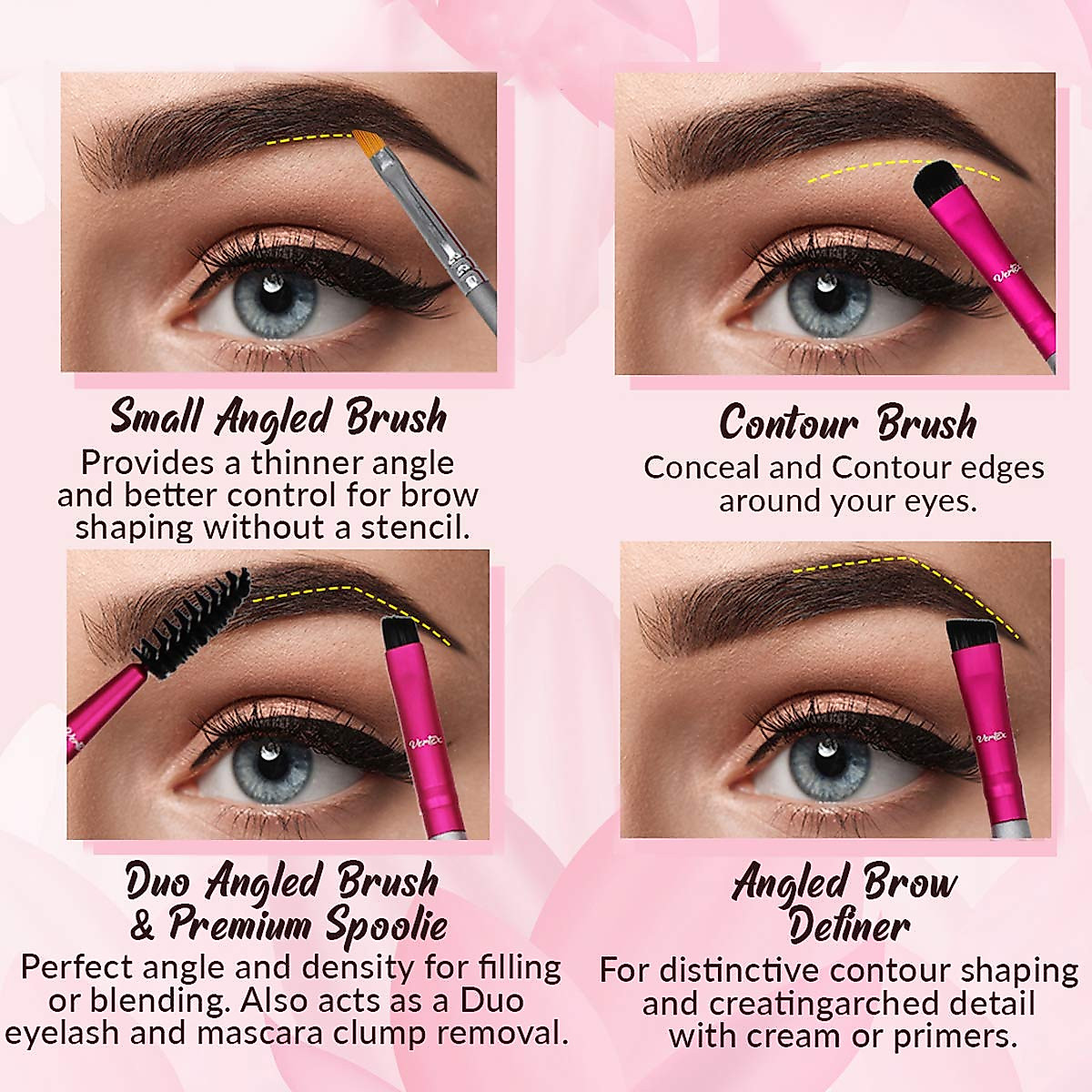 Eyebrow Brush Kit Thin Angled - Eye Brow Concealer Contour Brush to Shape and Conceal Eyes Duo Spoolie Brushes Firm Bristles Definer for Filling Pomade Gel | Defining Arches Winged Eyeliner Stencil