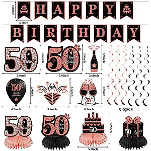 42PCS 50th Birthday Decoration Kit for Women, Rose Gold Happy 50th Bday Banner Balloons Honeycomb Centerpiece Swirl Paper Pompoms Party Supplies, 50 Bday Sash Table Cake Topper Swirls Set