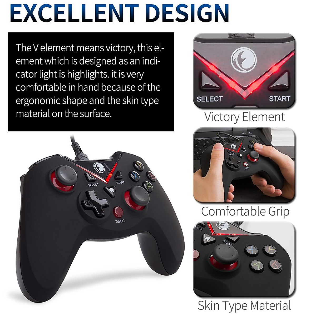 IFYOO V-one Wired USB Gaming Controller Gamepad Joystick for PC (Windows XP/7/8/10/11) & Steam & Android & PS3 - Red