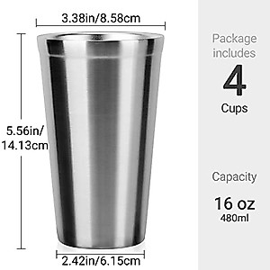 Beasea Stainless Steel Cups 16 oz, 4 Pack Stainless Steel Tumbler Stackable Double Wall Vacuum Insulated Metal Drinking Glasses for Home Restaurant Ofiice Party Camping