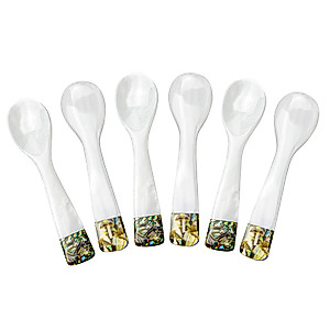 DUEBEL Set of 6 Mother of Pearl MOP Caviar Spoons with Green Abalone Decoration for Caviar, Egg, Icecream, Coffee Serving (White, 9x2.4cm)