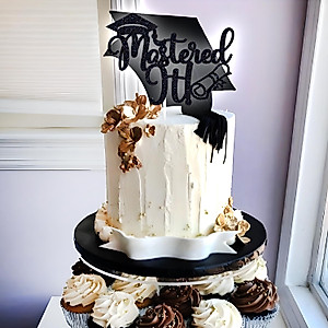 Mastered it Cake Topper, Happy Master's Degree/You Did It, Congrats Grad Graduate, Master Graduation Party Decorations Supplies, Black Glitter