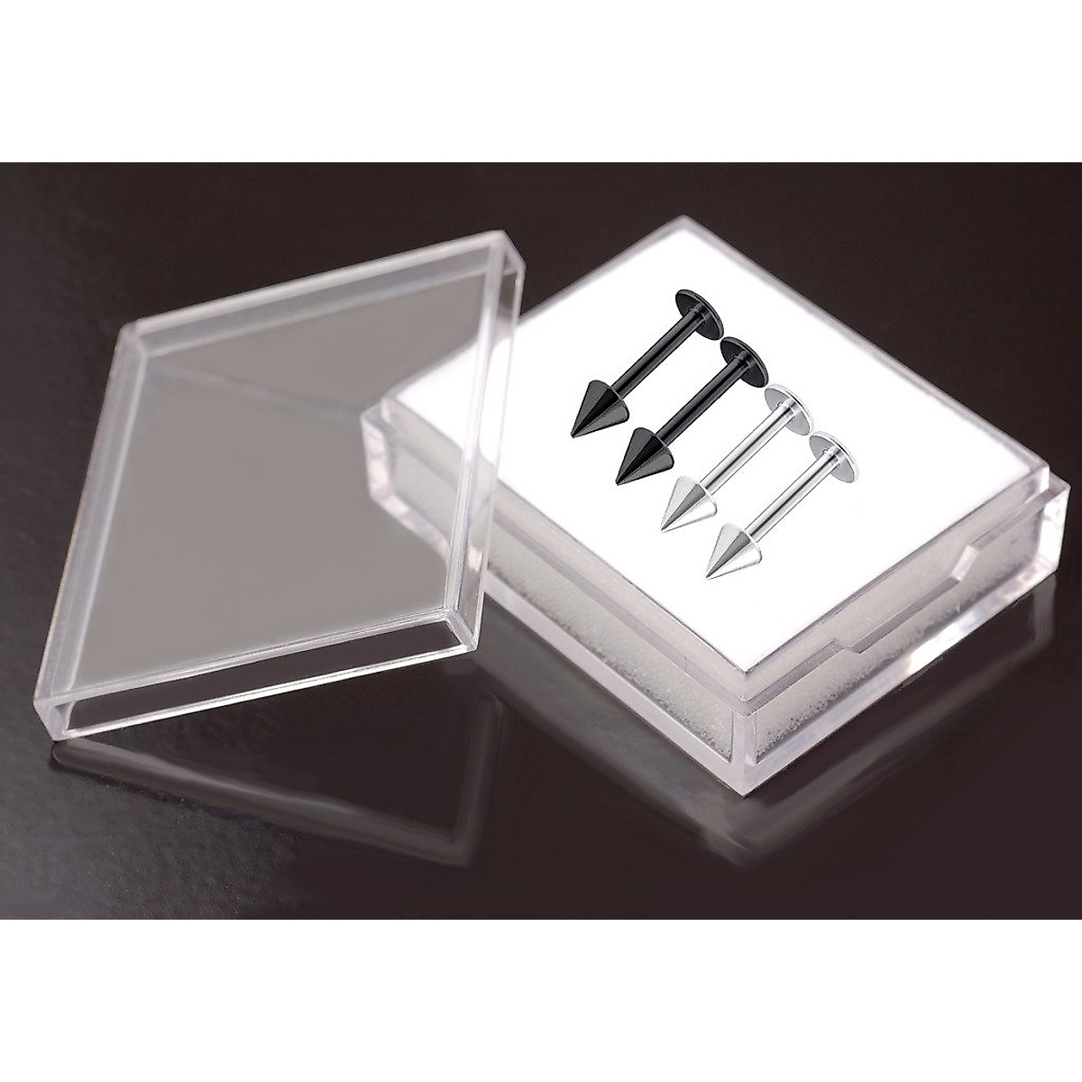 bodyjewelrytrend 4pcs 16g Labret Stud Lip Ring Cartilage Tragus Snakebite Monroe Triple Forward Helix Conch Medusa Lobe Black Spike Pick Size, Alloy Steel