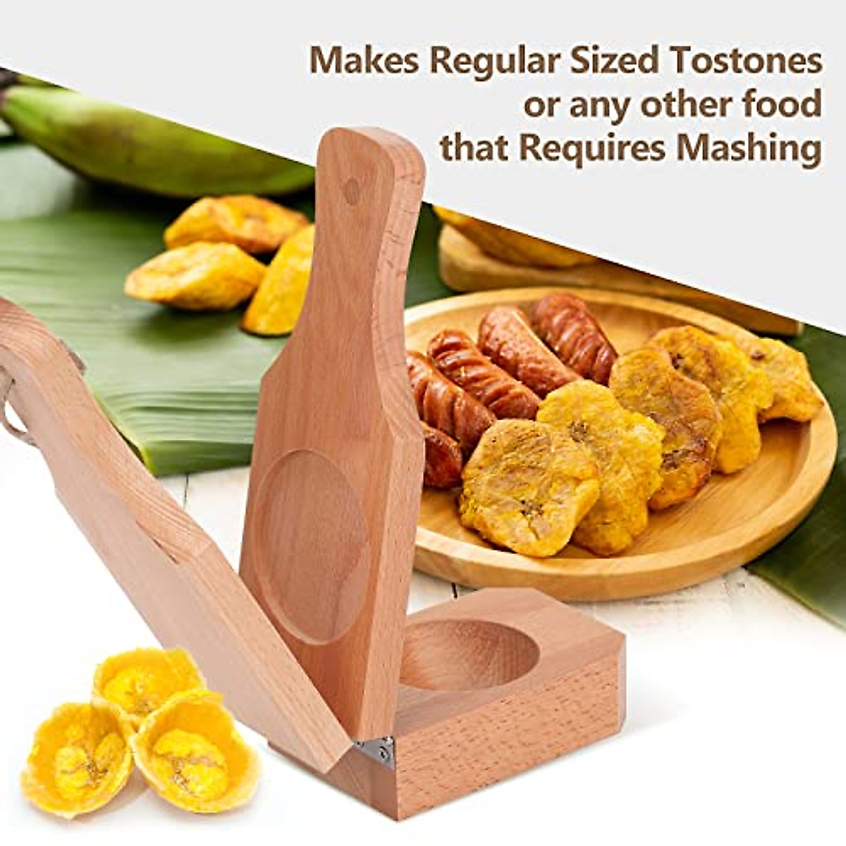 Wooden Tostonera Plantain Press Banana Smasher Maker Green Plantain's Wood 2 in 1 Crispy Tostones for Fried Plantains Chips &Tostones Cups,8.3''L x 3.1''W x 2.5''H (HTY02)