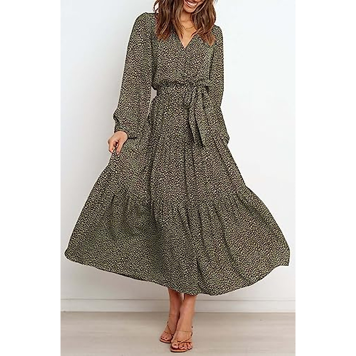 PRETTYGARDEN Women's Long Sleeve V Neck Leopard Print Ruffle Maxi Dress Tie Waist Boho Chiffon Flowy Long Dress (Green, Small)