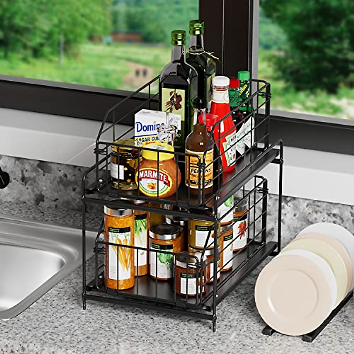 Lxmons Pull Out Under Sink Organizer, 2 Tier Slide Out Cabinet Drawer Organizer, Metal Basket Home Shelf for Bathroom or Kitchen, Sliding Countertop or Pantry Organization Storage, Large Black