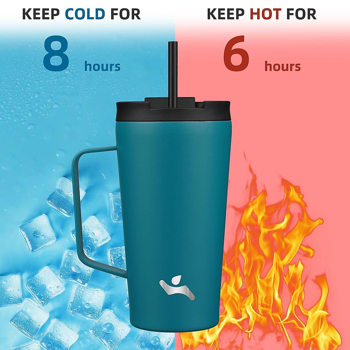 Konokyo Insulated Tumbler with Handle and Straw, 18 OZ Travel Coffee Mug Stainless Steel Cup Metal Water Bottle,Blue