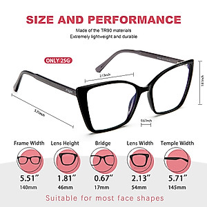 JFXQDR 2 Pack Women's Oversized Blue Light Blocking Glasses, Trendy Cat Eye Computer Gaming Eyeglasses Anti Eyestrain & UV Glare RF6204 (Black + Clear Cateye Frame)