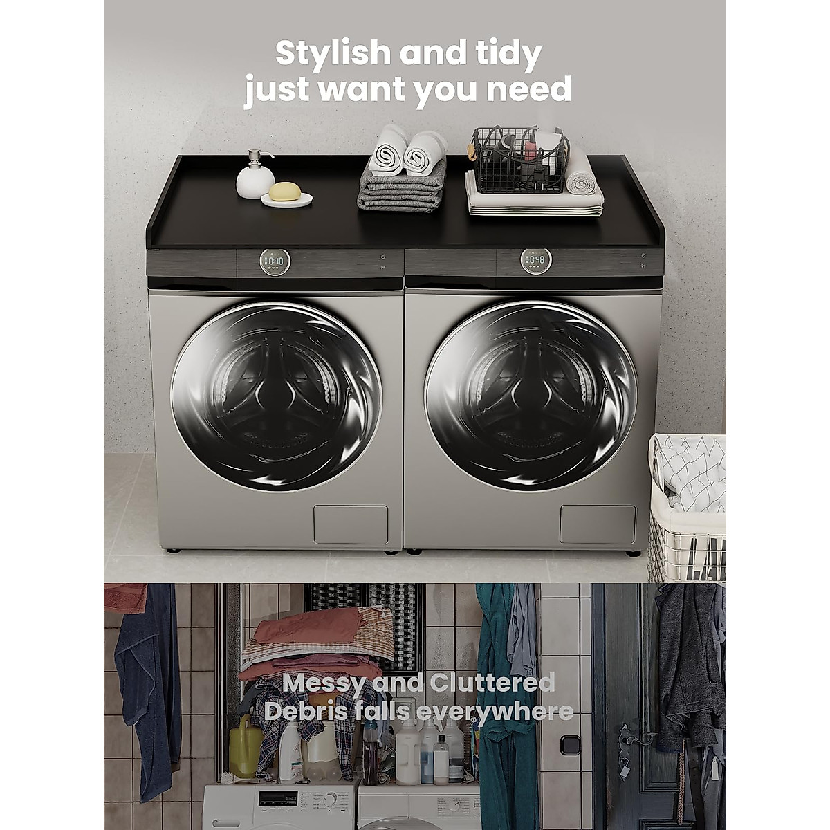 Toemics Washer Dryer Countertop, 27.5" x 54" Laundry Room Organization Shelf with Edge Rails for Washer and Dryer, Durable Melamine Finish, Non-Slip Pads, and 3 Laundry Bags, Black