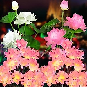 QINGYA 4pack Solar Flower Lights Outdoor Waterproof IP65,Solar Lotus &Peachblossom Garden Decorative Lights Led Flowers Decor Auto On/Off Bright Up to 12Hrs