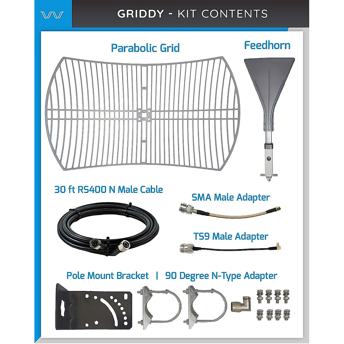 Waveform Griddy: Grid Parabolic Antenna Kit for 4G LTE, 5G NR, and WiFi | 40 km Range | +26 dBi | Works w/Cell Boosters, Modems, Routers, and Gateways | Kit w/ 30 ft RS400 Cable & TS9 & SMA Adapters