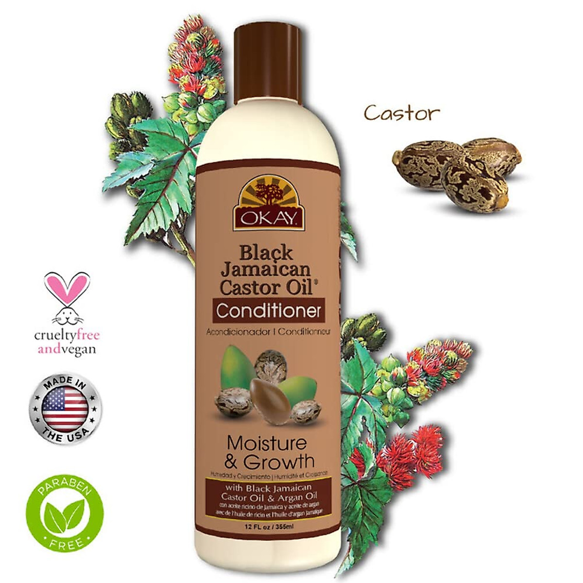 OKAY | Black Jamaican Castor Oil Conditioner | For All Hair Types & Textures | Revive - Moisturize - Grow Healthy Hair | with Argan Oil & Shea Butter | Free Of Parabens, Silicones, Sulfates , PALE YELLOW , 12 Oz