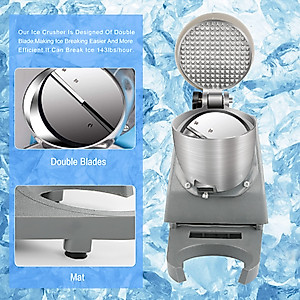 KOFOHON Shaved Ice Machine Electric Ice Crusher Double Cover 110V 300W Stainless Steel Dual Blades Snow Cone Machine Gray 143lbs/hr 1400r/min for Home and Commercial