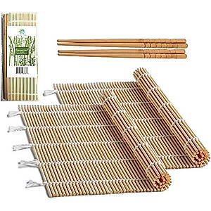 FUNGYAND Bamboo Sushi Rolling Mat with 2 Pairs of Chopsticks Natural Bamboo 9.5"x9.5" 2 PCS Sushi Making Kit
