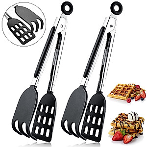 2 Pieces Mini Waffle Tongs Non Scratch Tongs 8 Inches Serving Spatula Tongs with Non Slip Smooth Stainless Steel Handles Heat Resistant Nylon Heads Non scratch and Dishwasher Safe for Cooking