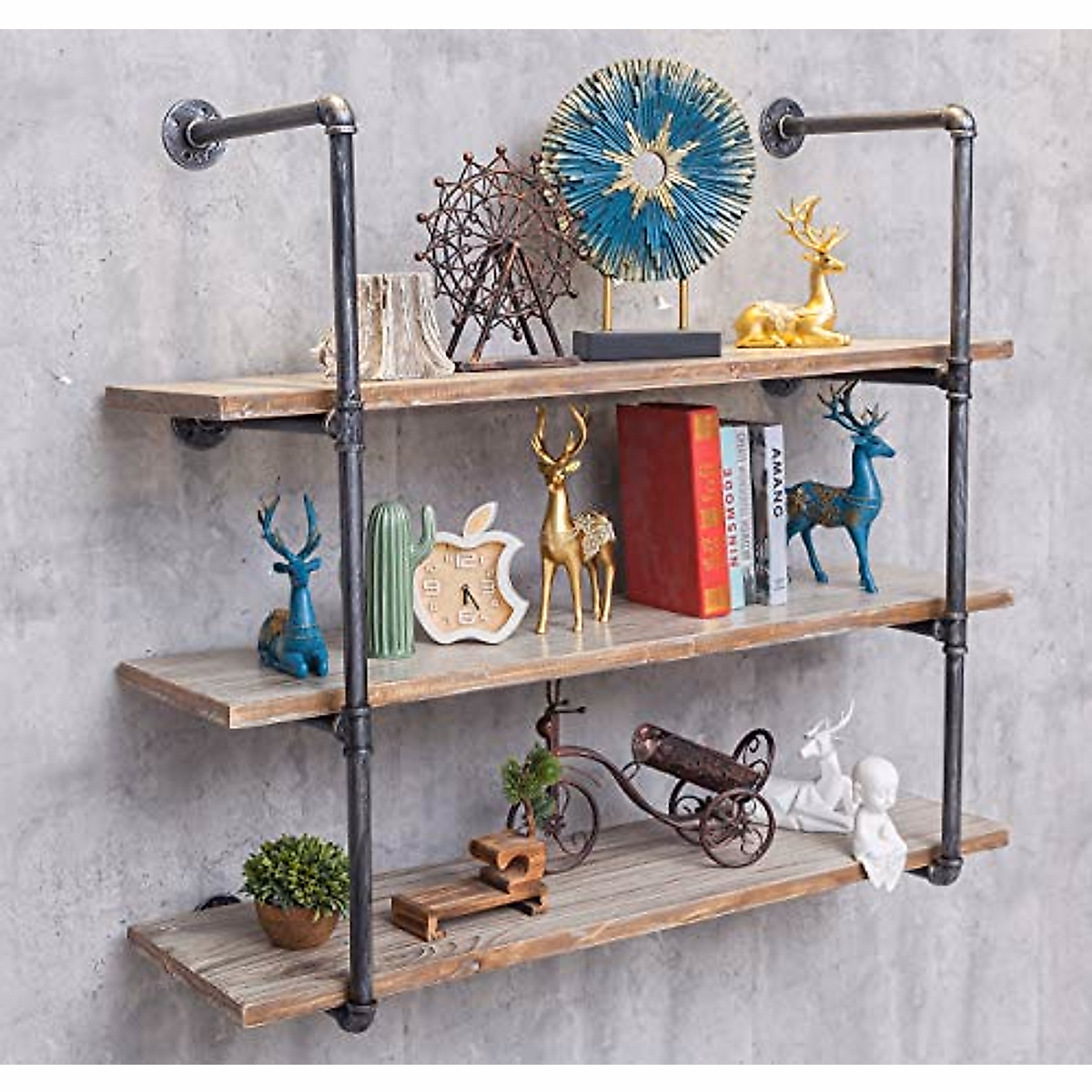 Industrial Wall Mounted Iron Floating Pipe Shelves/Racks/Storage/Bookcases, DIY Open Bookshelves/Shelving for Kitchen/Office, Retro Black,(4-Tier Shelf Brackets,Not Include Planks)