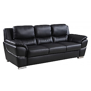 HomeRoots 85" Black Leather Sofa with Silver Legs