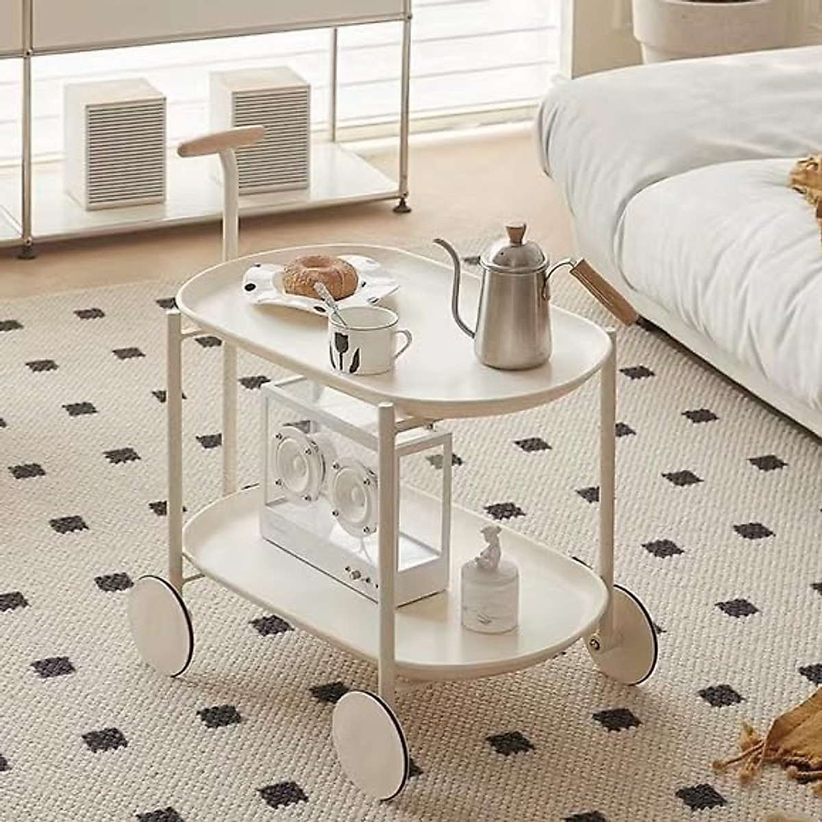 GGW Rolling Cart with Handle, 2-Tier Small Bar Cart, Serving Cart with Wheels, Drink Cart with Steel Frame, Mobile Sofa Side Table with Trays for Home, White