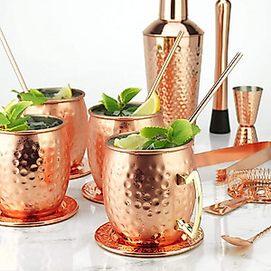 PG [Gift Set] Ultimate Moscow Mule SS Copper Plated Set 25PC | 3pc Cocktail Shaker, 4x Mugs, 4x Straws, 4x Cocktail Picks, Straw Cleaner, 4x Coaster, Strainer, Tongs, Muddler, Jigger, Stirrer