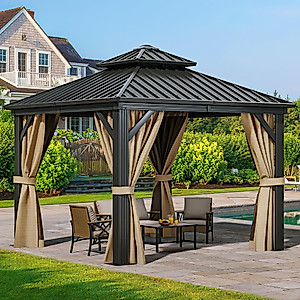 YITAHOME 10x10ft Gazebo Double Roof Canopy with Netting and Curtains, Outdoor Gazebo 2-Tier Hardtop Galvanized Iron Aluminum Frame Garden Tent for Patio, Backyard, Deck and Lawns