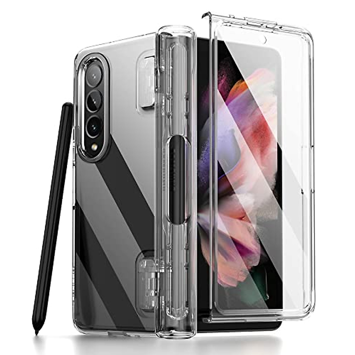 SURITCH for Samsung Galaxy Z Fold 3 Clear Case, [Hinge Protection with Pen Holder] Full Body Protection Bumper Shockproof Rugged Phone Cover with Built-in Screen Protector -(with Pen Holder)