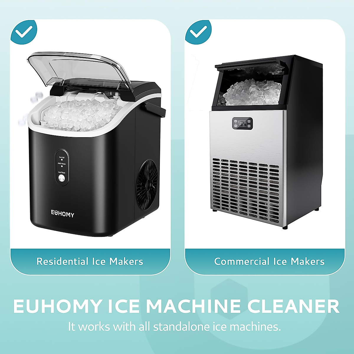 EUHOMY Ice Machine Cleaner Descaler, 32 Fl OZ Ice Maker Cleaner (8 Uses), Ideal Universal Descaling Solution for All Brands Ice Maker, Single Use Coffee and Espresso Machines (2 Bottles)