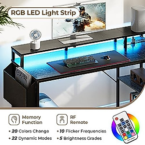 PRAISUN L Shaped Gaming Desk with LED Lights and Power Outlets, Reversible Computer Desk with Storage Bag and Monitor Shelves, Large Leg Room Home Office Desk, Corner Gaming Desk, Black
