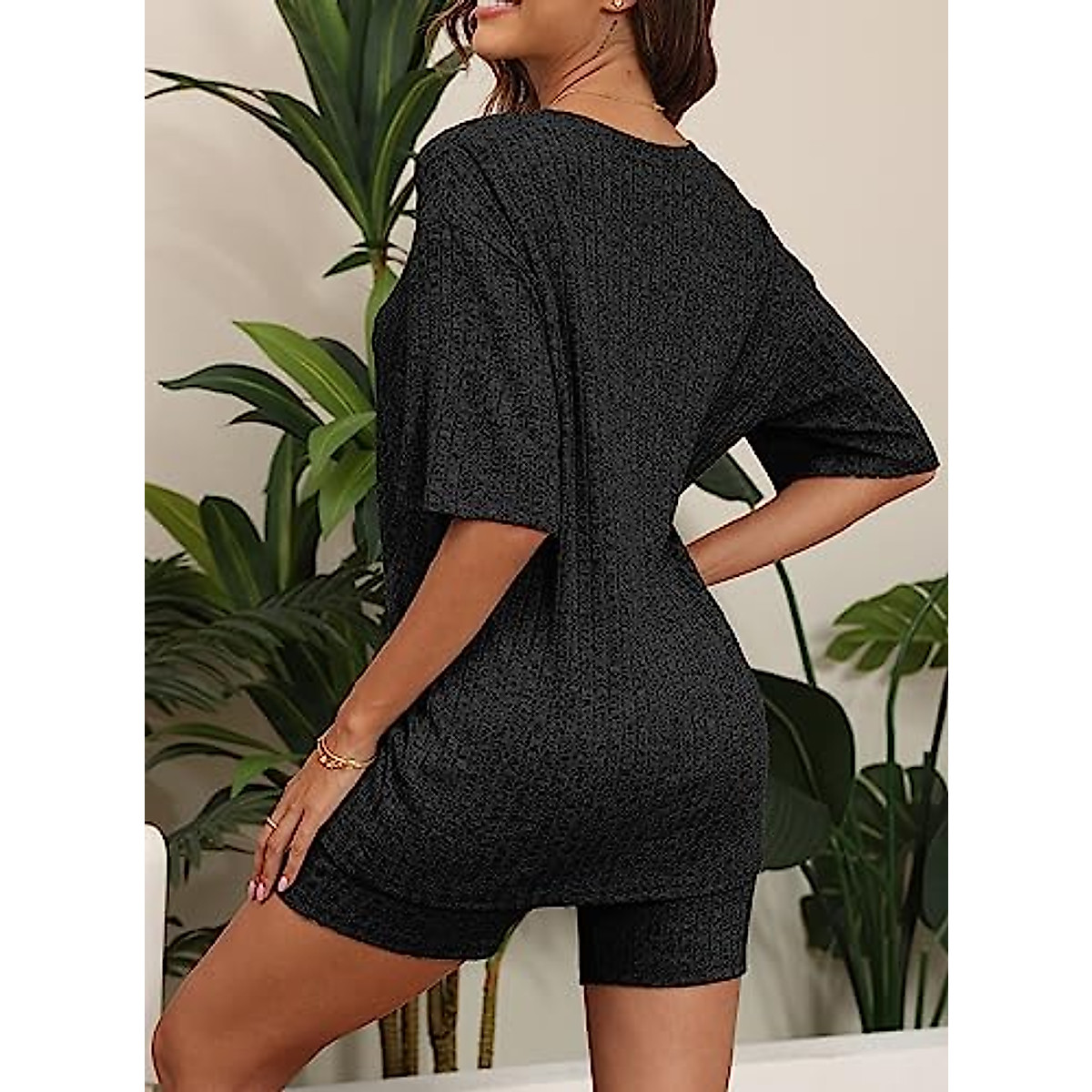 BEKOFO Lounge Set Pajama Sets Ribbed Knit Dropped Short Sleeve Yoga Outfits Tshirt Bike Shorts 2023 Fashion Women Pajama Pj Sets Black Large