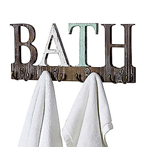 MyGift Wall Mounted Towel Hooks for Bathrooms, Rustic Torched Wood Hanging Towel Rack with 4 Dual Hooks and Bath Cutout Design