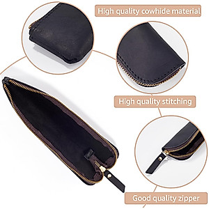 GORGECRAFT Slim Crazy Horse Genuine Leather Pencil Case Portable Zippered Pen Case Ultra Slim Soft Pen Bag Retro Minimal Cosmetic Pouch Pencil Organizer Stationery Bag for Pens Adults Xmas Gift, Black