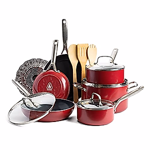 Red Volcano Textured Ceramic Nonstick, 14 Piece Cookware Pots and Pans Set with Stainless Steel Handles, PFAS PFOA & PTFE Free, Dishwasher Safe, Oven & Broiler Safe to 600 Degrees, Red