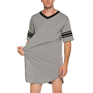 Ekouaer Men's Nightshirt Cotton Nightwear Comfy Big&Tall V Neck Short Sleeve Soft Loose Pajama Sleep Shirt,Men-grey,Large