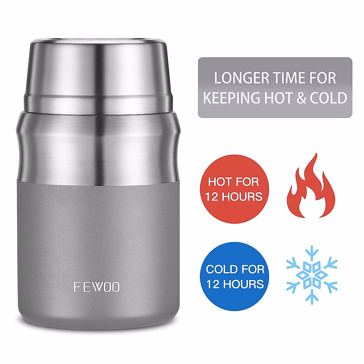 FEWOO Thermos for Hot Food, Vacuum Insulated Soup Containers, 24oz Stainless Steel Lunch Box for Kids Adults, Thermal Food Jar for School Office Travel (Silver)