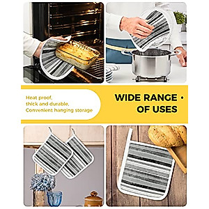 4Pcs Pot Holder with Hanging Loops, Nordic Style Pot Holder Set Cotton Heat Resistant Potholder Kitchen Hot Pads for Baking Cooking 8x8 inches Gray Watercolor Gradient Textured Stripe