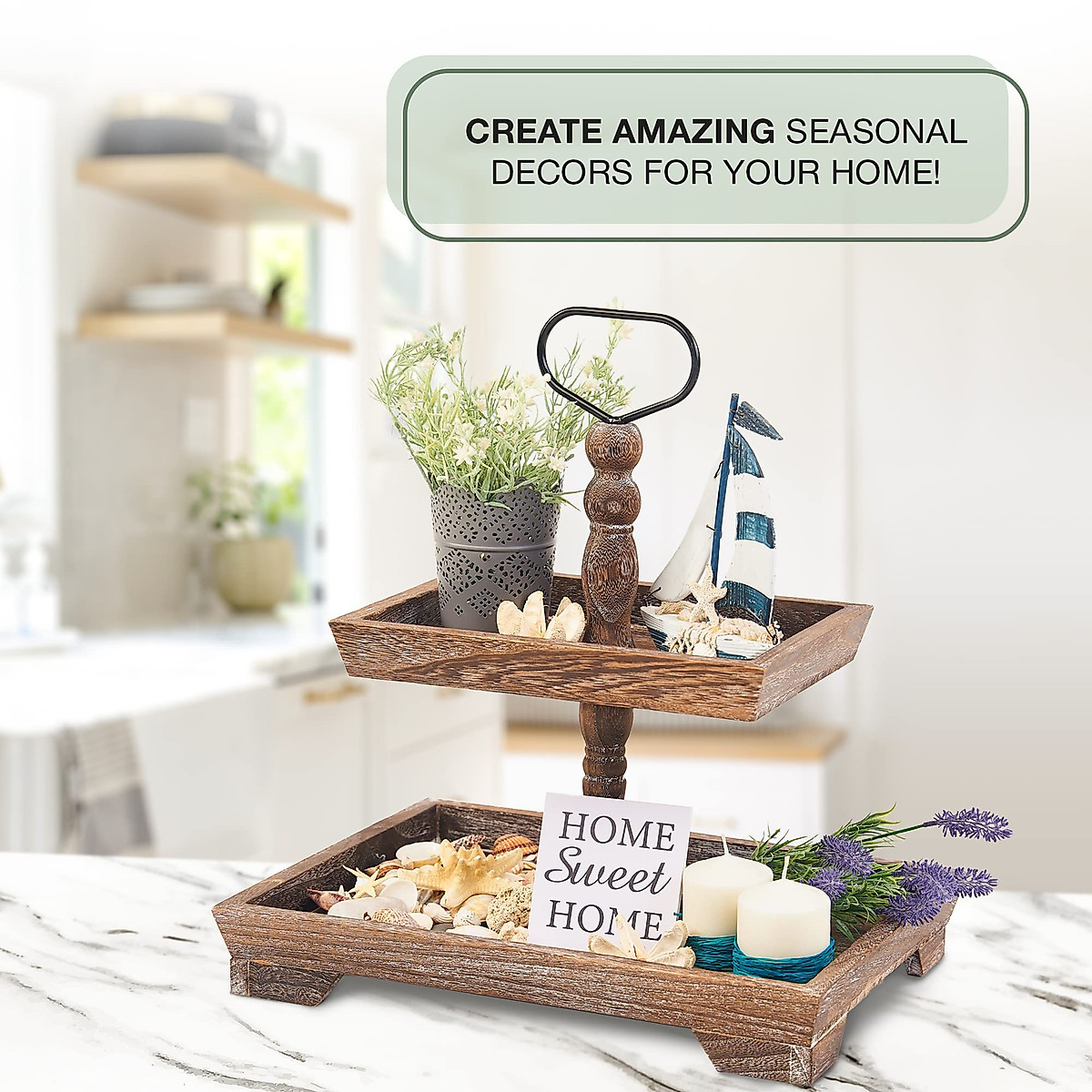 Rustic Wooden Two Tiered Tray Farmhouse - Rectangle Stand for Serving Food Fruits Cupcakes - Perfect for Your Summer Decor - Tiered Tray Decor Holder