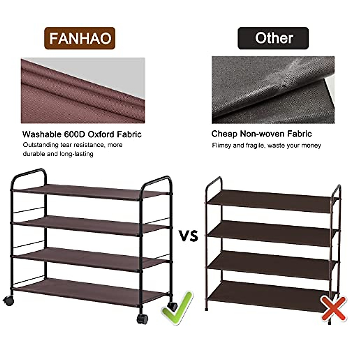 FANHAO 4-Tier Shoe Rack with Wheels, Rolling Shoe Organizer Adjustable Fabric Shoe Shelf Storage Organizer 16-20 Pair, Fits Boots, High Heels, Slippers and More (Bronze)